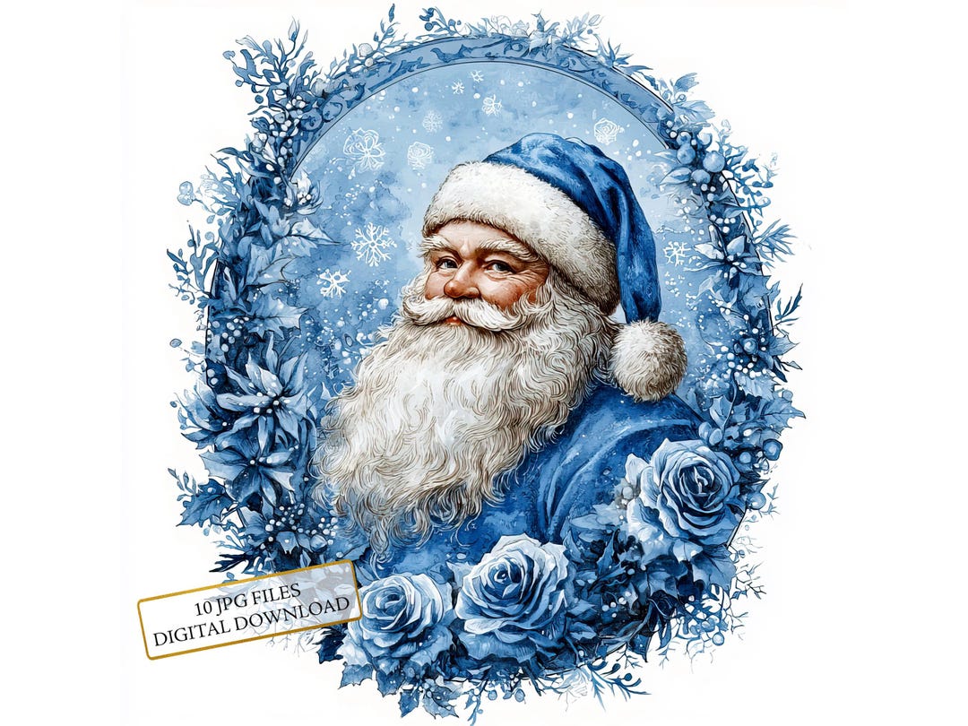 Blue Vintage Santa in Ornamental Frame Clipart Bundle- 10 High Quality ...