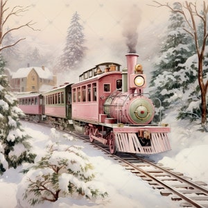 Vintage Pink Sage Christmas Train in Snowy Scenery JPG Clipart Bundle ...