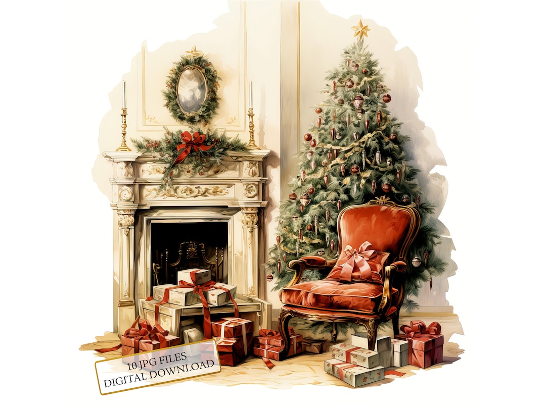 Vintage Christmas Living Room Clipart Bundle- 10 High Quality ...