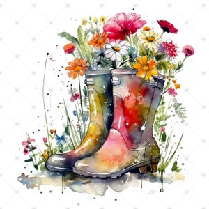 Rain Boots and Wildflowers Clipart Bundle- 10 High Quality Watercolor ...