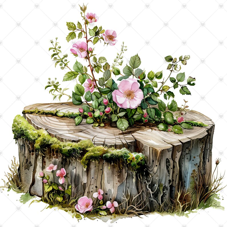 Wild Roses Growing Out of a Tree Stump JPG Clipart Bundle- Digital ...