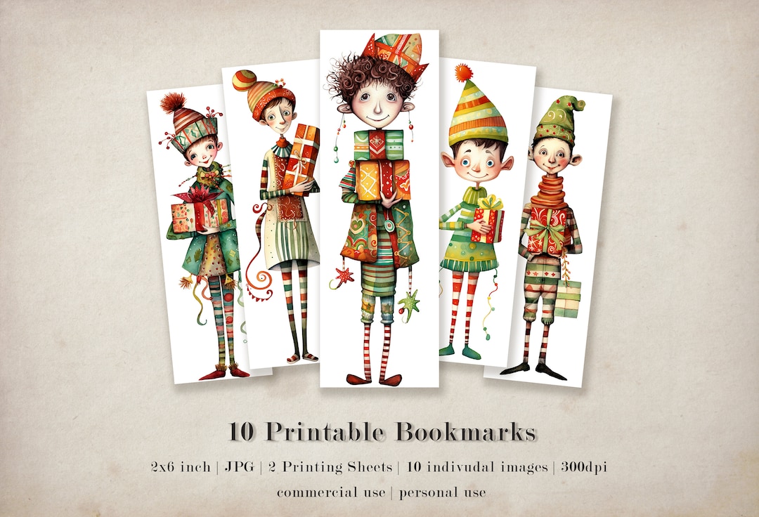 10 Christmas Elf Holding a Present Printable Bookmark Sheets, 10 JPG ...