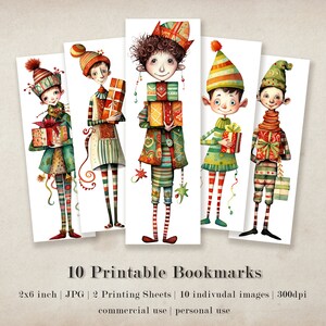 10 Christmas Elf Holding a Present Printable Bookmark Sheets, 10 JPG ...