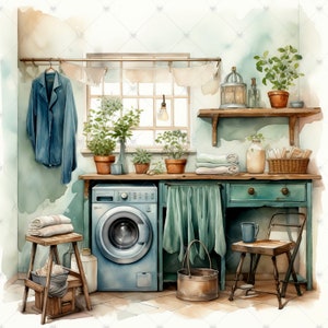 Retro Laundry Room Clipart Bundle- 10 High Quality Watercolor Jpgs ...