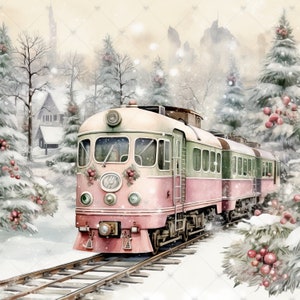 Vintage Pink Sage Christmas Train in Snowy Scenery JPG Clipart Bundle ...
