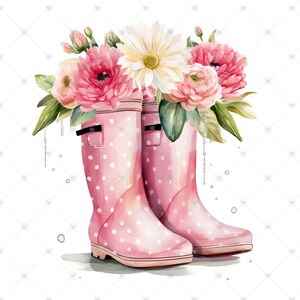 Pink Polka Dot Rain Boots With Flowers Clipart Bundle- 10 High Quality ...