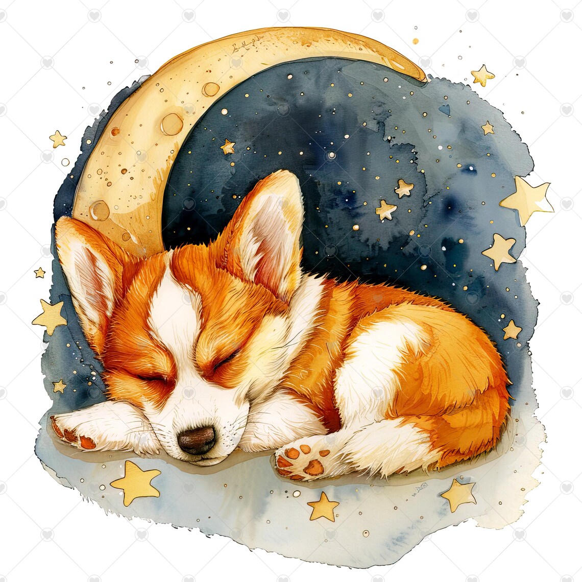 Little Corgi Sleeping by the Crescent Moon PNG Clipart Bundle- Digital ...