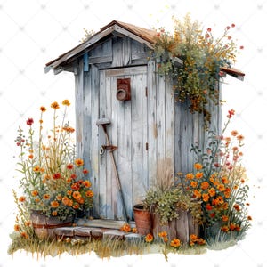 Rustic Outhouse With Flowers Clipart Bundle- 10 High Quality Watercolor ...