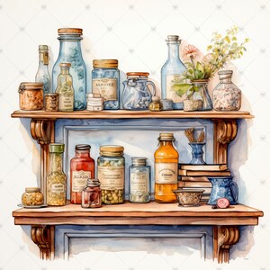 Vintage Kitchen Shelves Full of Jars Clipart Bundle- 10 High Quality ...