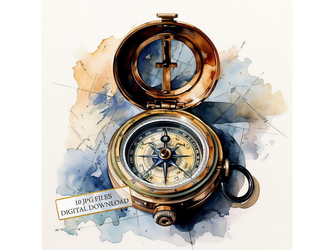 Compass With Map Clipart Bundle- 10 High Quality Watercolor Jpgs ...