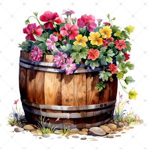 Flowers in an Old Barrel Clipart Bundle 10 High Quality Watercolor Jpgs ...