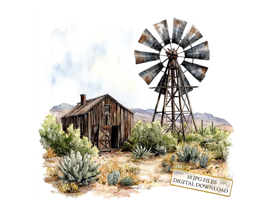 Old Western Ranch Windmill Clipart Bundle- 10 High Quality Watercolor ...