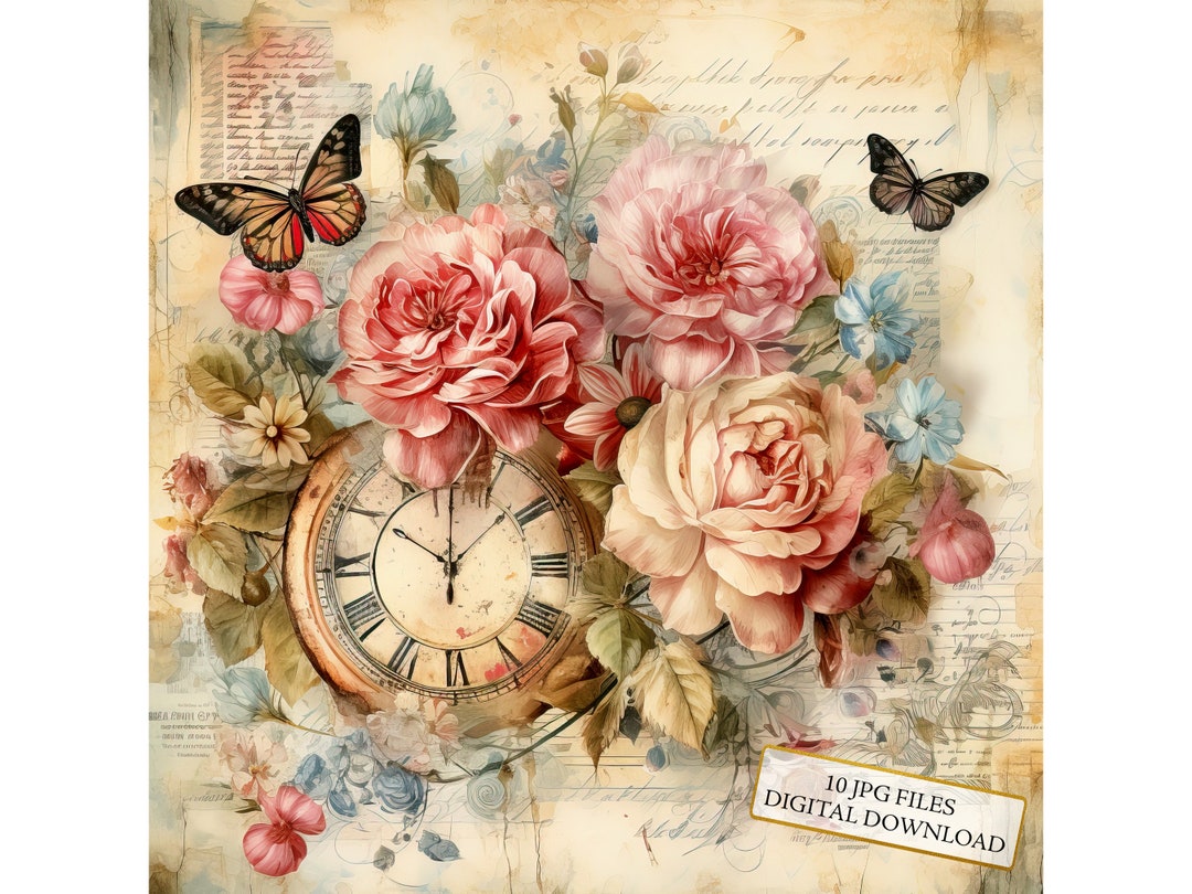 Shabby Chic Floral Clock Vintage Paper Clipart Bundle- 10 High Quality ...