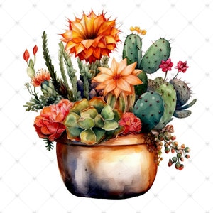 Cactus in Flower Pot Clipart Bundle- 10 High Quality Watercolor Jpgs ...