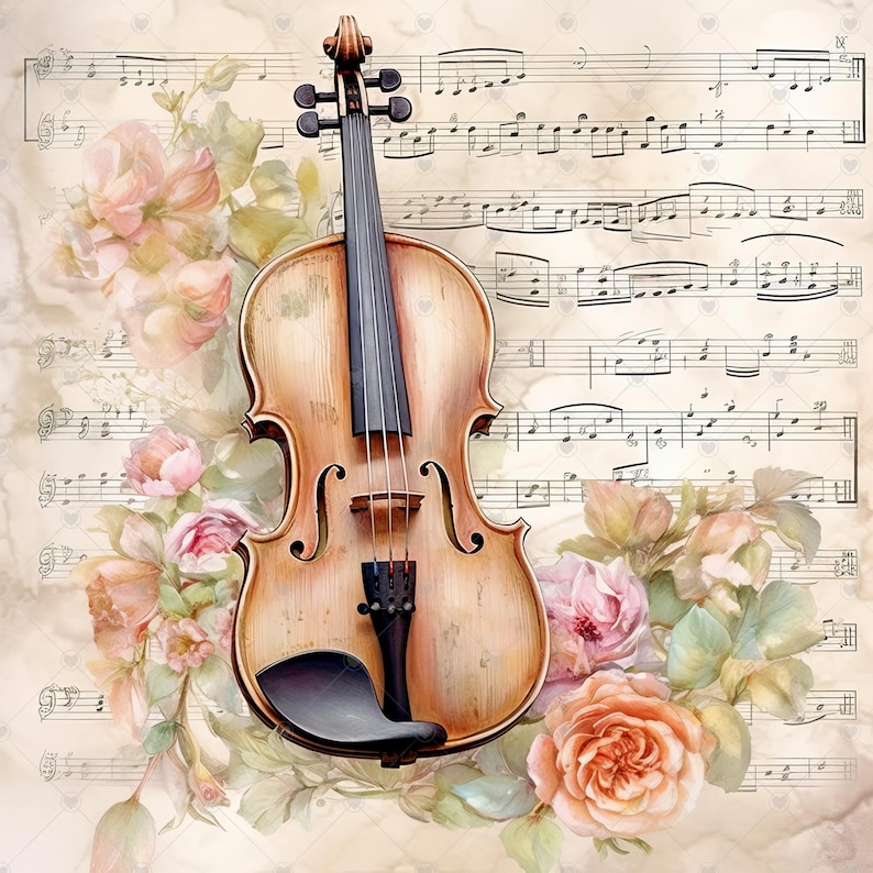 Shabby Chic Floral Violin on Music Sheet JPG Clipart Bundle- Digital ...