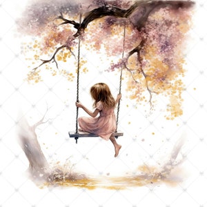Little Girl on a Tree Swing Clipart Bundle- 10 High Quality Watercolor ...