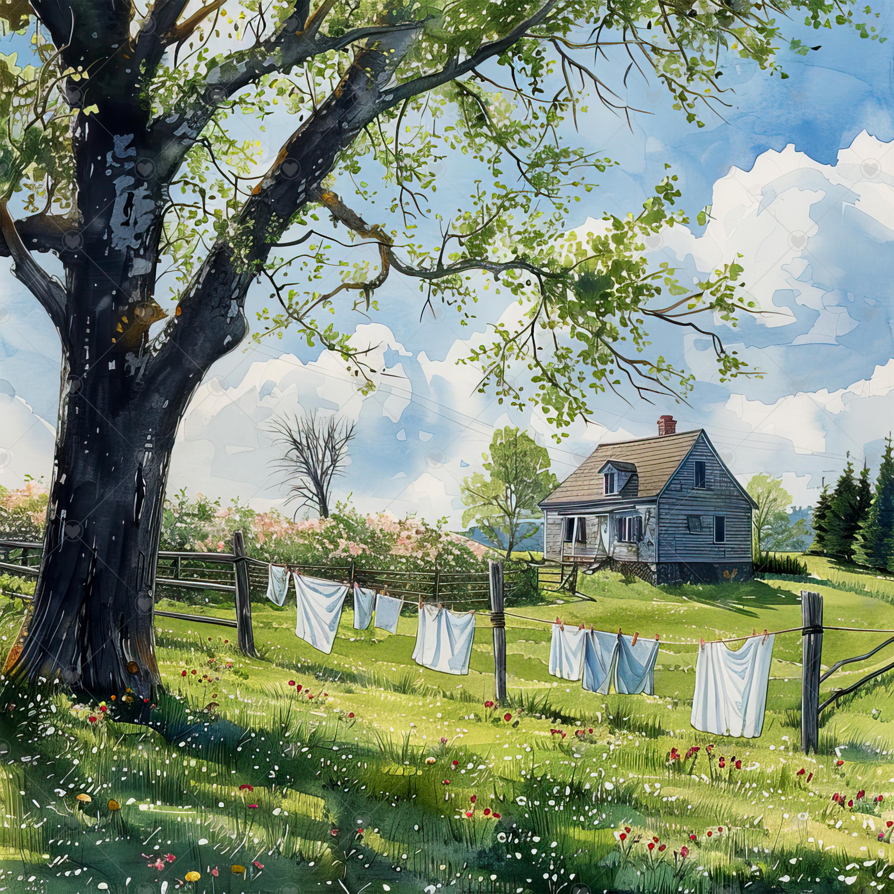 Clothes Drying on Clothesline in a Cottage Garden JPG Clipart Bundle ...