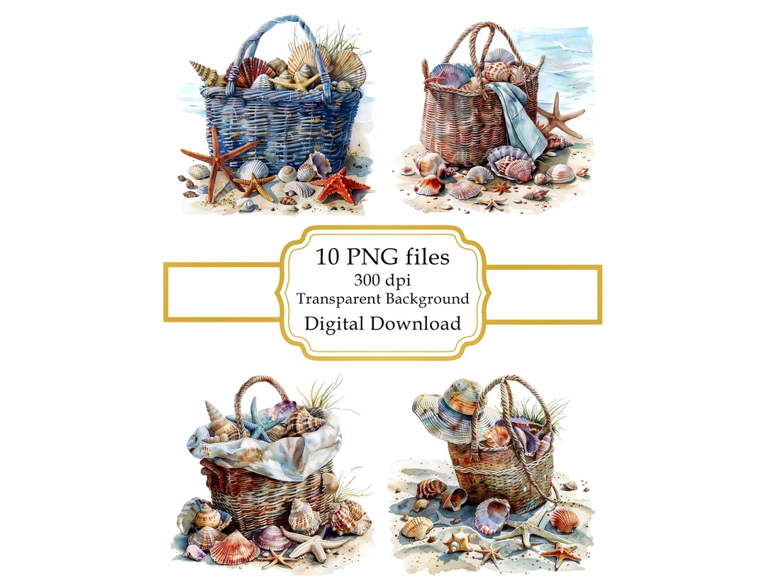 Woven Beach Bag With Sea Shells and Starfish PNG Clipart Bundle ...