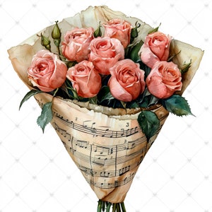 Pink Rose Bouquet in Music Notes Clipart Bundle 10 High Quality ...