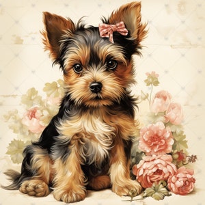 Shabby Chic Yorkshire Terrier Girl With Flowers Clipart Bundle- 10 High ...