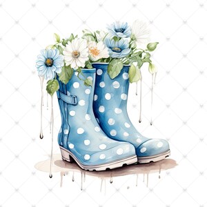 Blue Polka Dot Rain Boots With Flowers Clipart Bundle- 10 High Quality ...