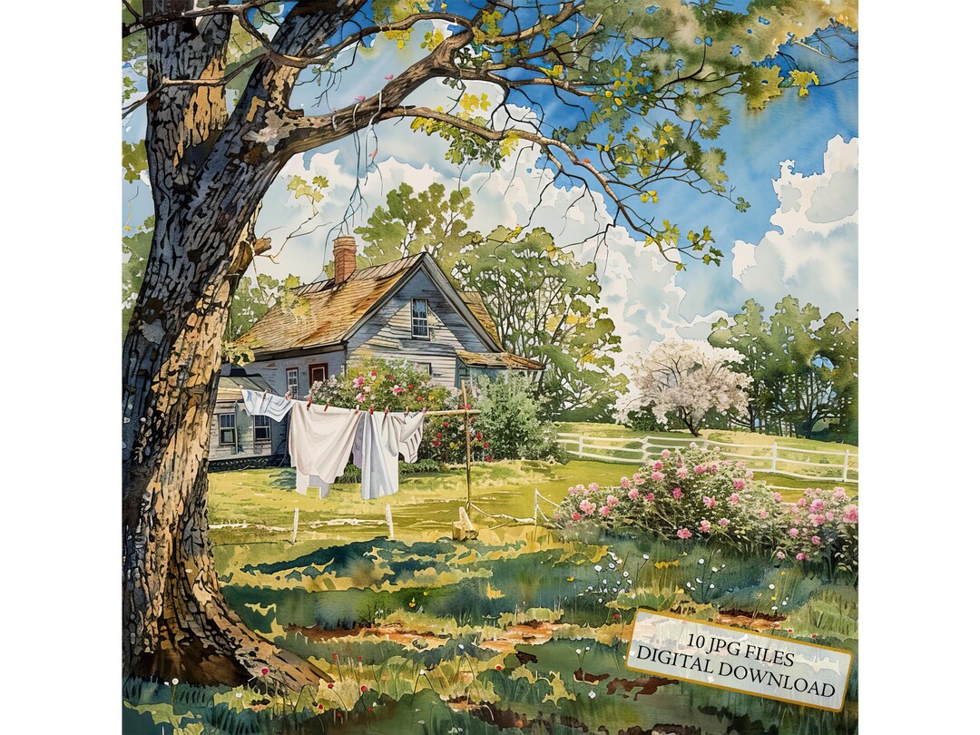Clothes Drying on Clothesline in a Cottage Garden JPG Clipart Bundle ...