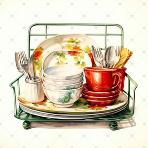Retro Dish Drying Rack Clipart Bundle 10 High Quality Watercolor Jpgs ...
