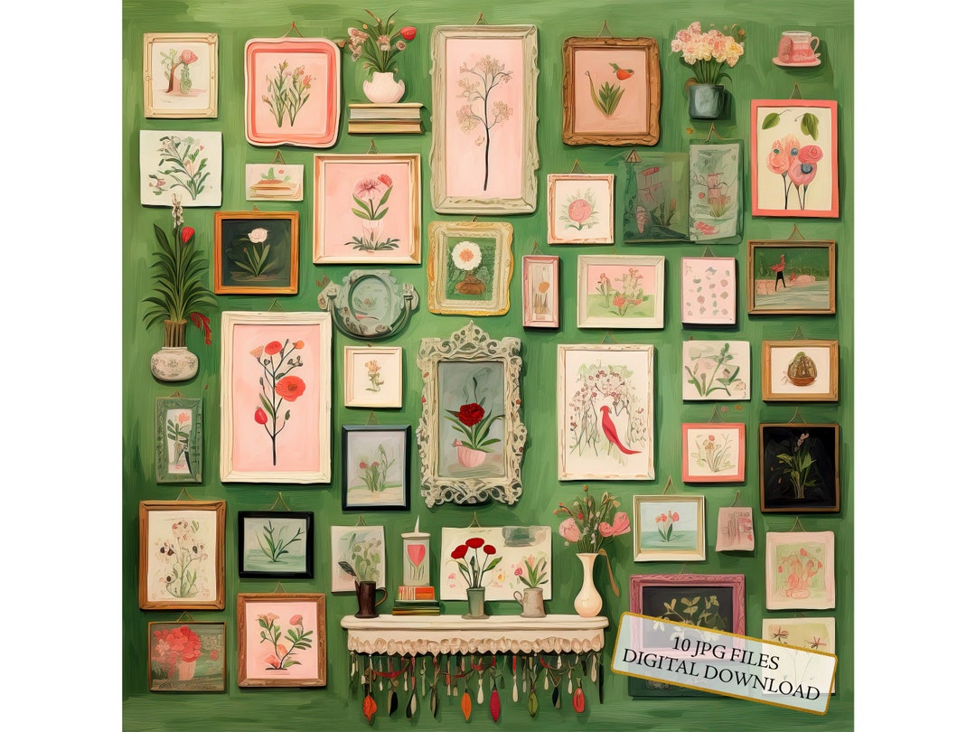 Pink Sage Wall Filled With Many Framed Paintings JPG Clipart Bundle ...