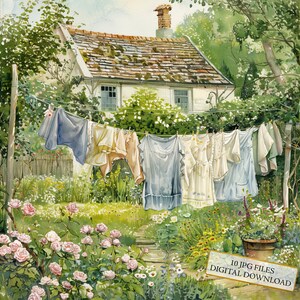 Clothes Drying on Clothesline in a Cottage Garden JPG Clipart Bundle ...