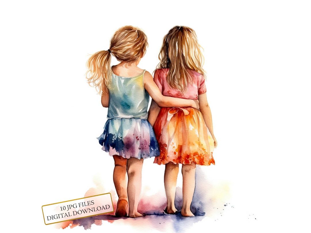 Little Girl Best Friends Clipart Bundle- 10 High Quality Watercolor ...