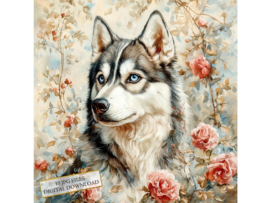 Siberian Husky Dog Portrait With Flowers Clipart Bundle- 10 High ...