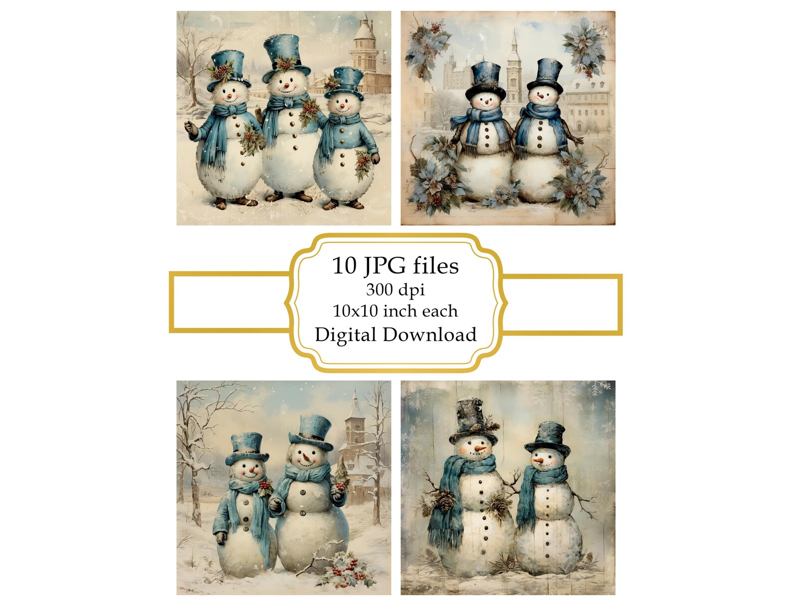 Blue Vintage Snowmen in Winter Scenery JPG Clipart Bundle- Digital ...