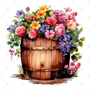 Flowers in an Old Barrel Clipart Bundle 10 High Quality Watercolor Jpgs ...