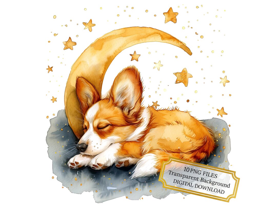Little Corgi Sleeping by the Crescent Moon PNG Clipart Bundle- Digital ...
