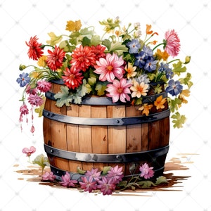 Flowers in an Old Barrel Clipart Bundle 10 High Quality Watercolor Jpgs ...