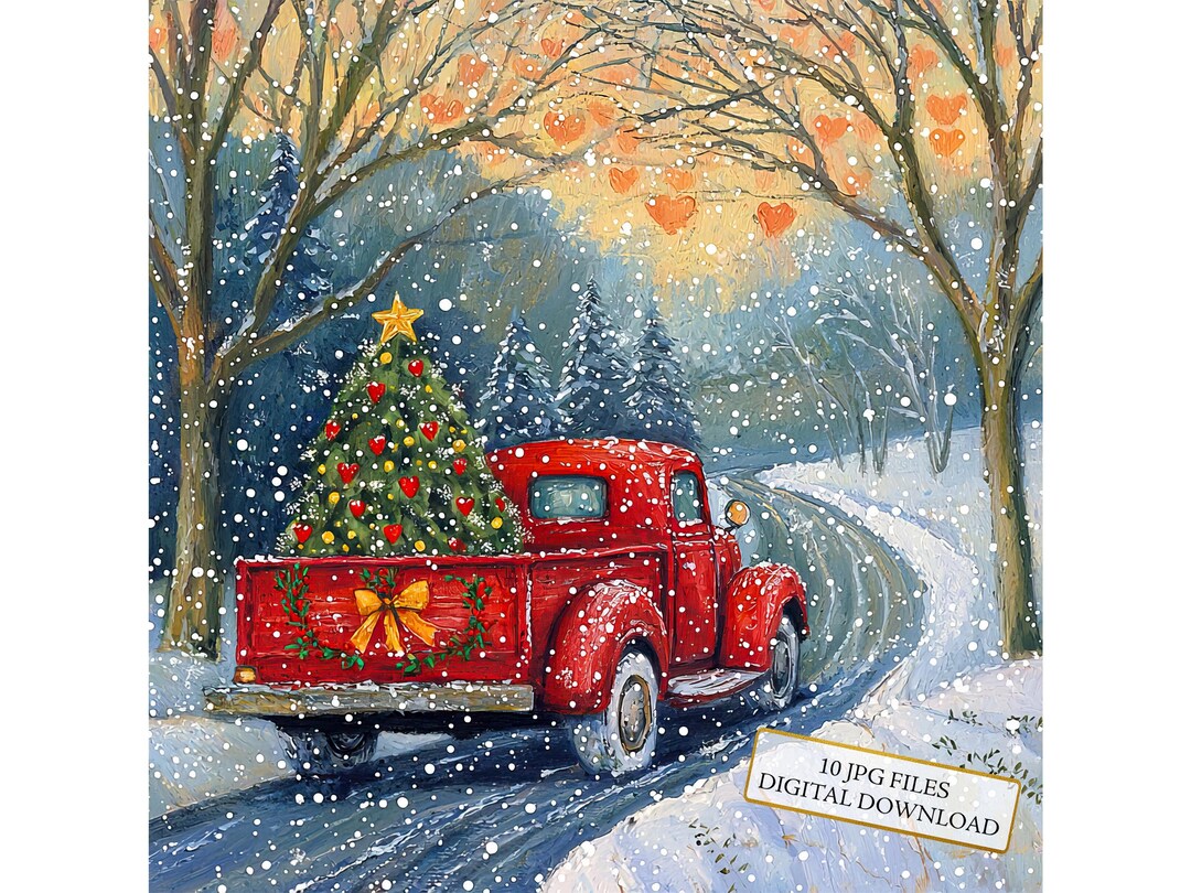Vintage Red Truck With Christmas Tree JPG Clipart Bundle- Digital ...