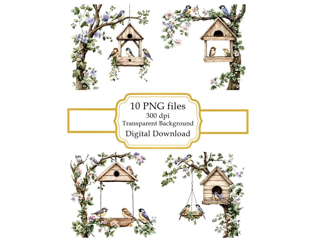 Wooden Bird Feeder With Little Birds on a Spring Tree PNG Clipart ...