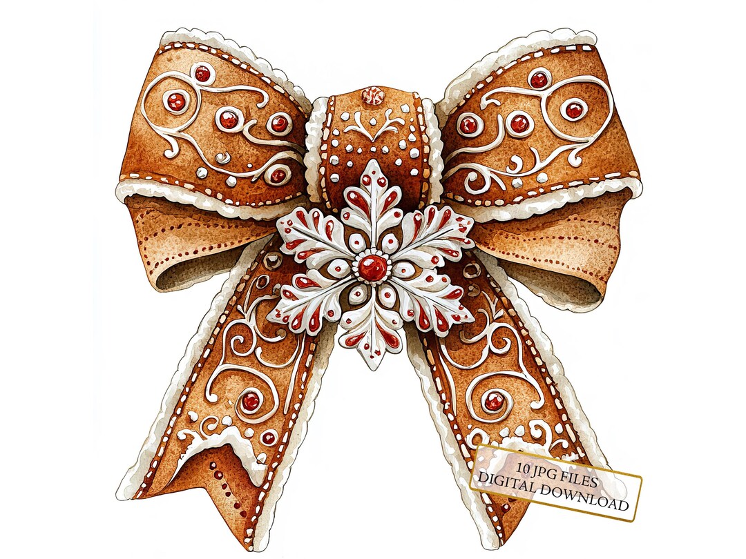 Gingerbread Bow Clipart Bundle- 10 High Quality Watercolor JPGs- Winter ...
