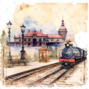Vintage Train Station Postcard Clipart Bundle- 10 High Quality ...