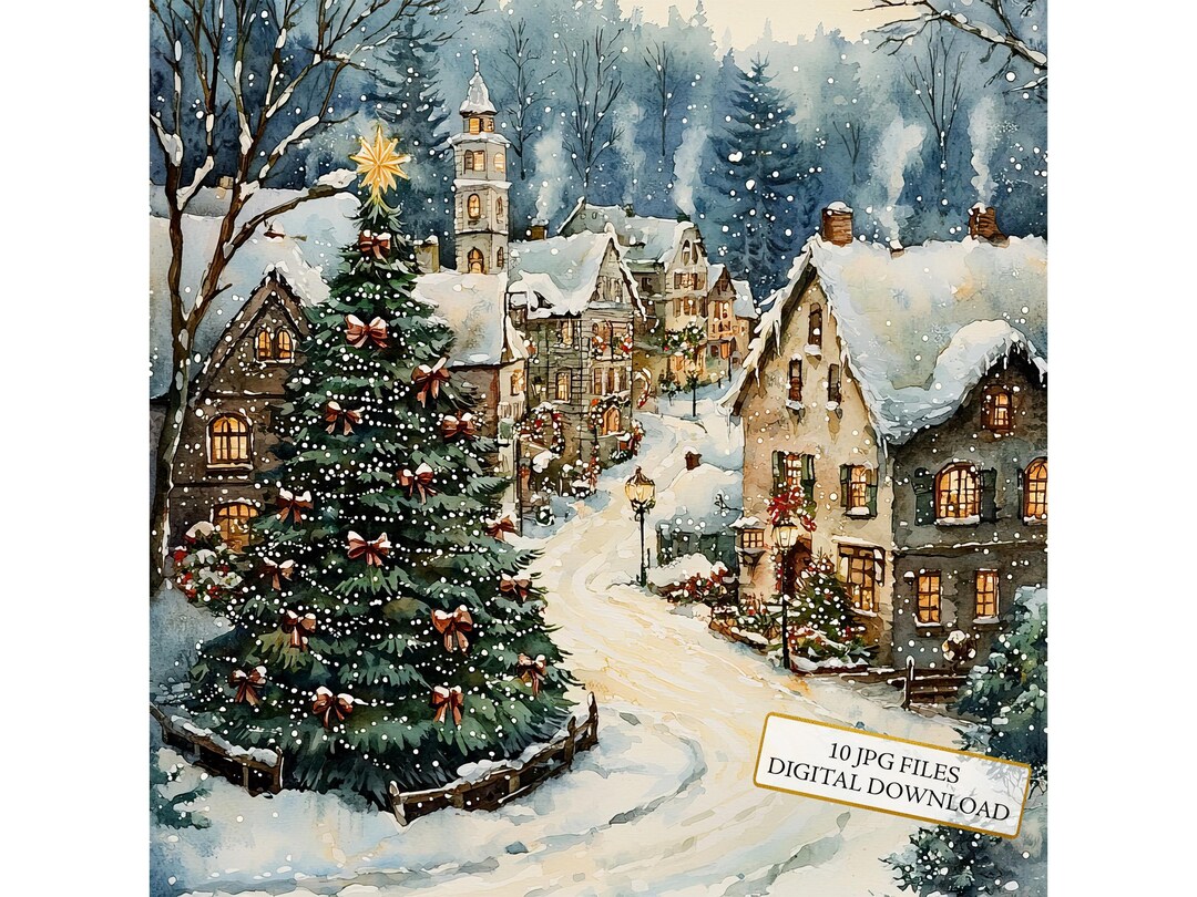 Christmas Tree in Snowy Winter Village Clipart Bundle- 10 High Quality ...
