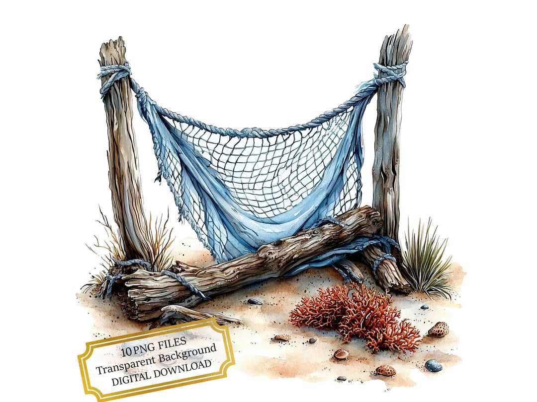 Old Fishing Net Tied to Driftwood PNG Clipart Bundle- Digital Download ...
