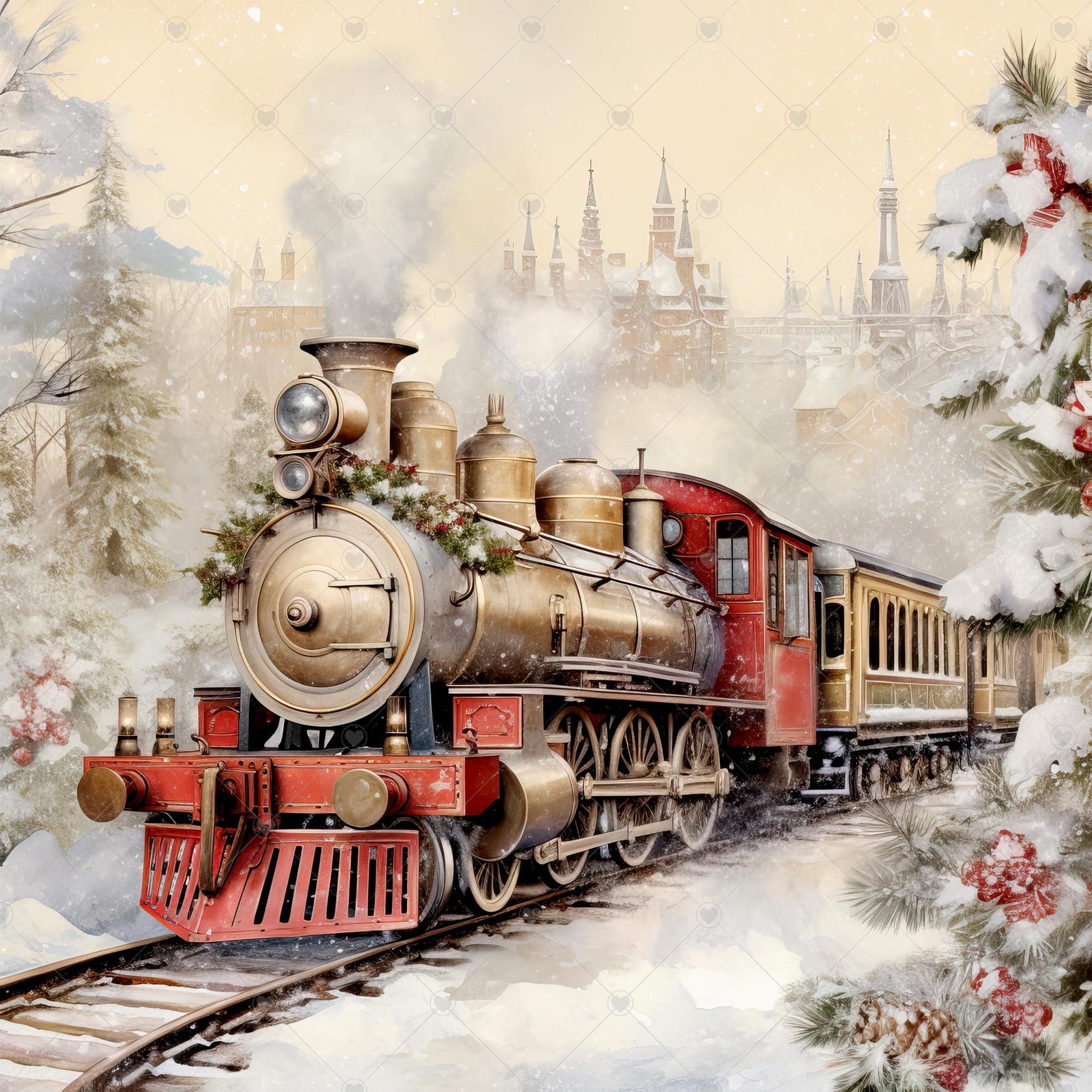 Vintage Christmas Train Leaving Snowy Town JPG Clipart Bundle- Digital ...