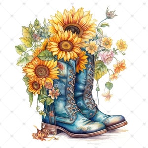 Cowboy Boots With Sunflowers Clipart Bundle- 10 High Quality Watercolor ...