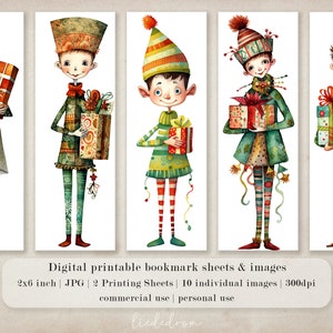 10 Christmas Elf Holding a Present Printable Bookmark Sheets, 10 JPG ...