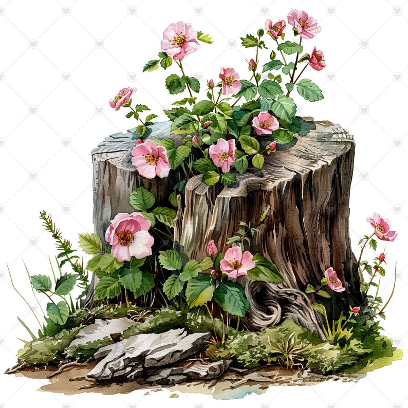 Wild Roses Growing Out of a Tree Stump JPG Clipart Bundle- Digital ...