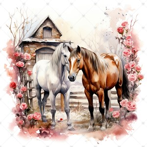 Horses in Love by a Floral Fence Clipart Bundle 10 High Quality ...