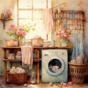 Retro Laundry Room Clipart Bundle- 10 High Quality Watercolor Jpgs ...
