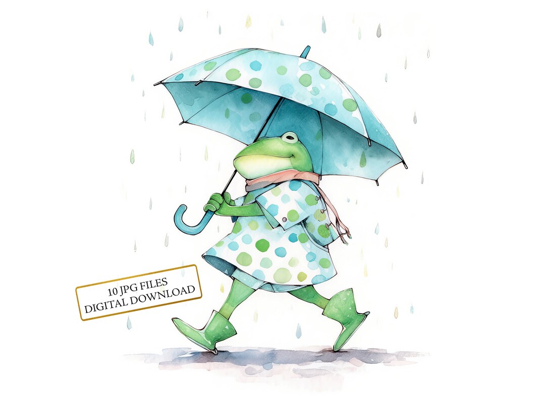 Frog Child in Rain Holding Umbrella Clipart Bundle- 10 High Quality ...