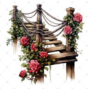 Old Wooden Bridge Overgrown With Roses Clipart Bundle- 10 High Quality ...