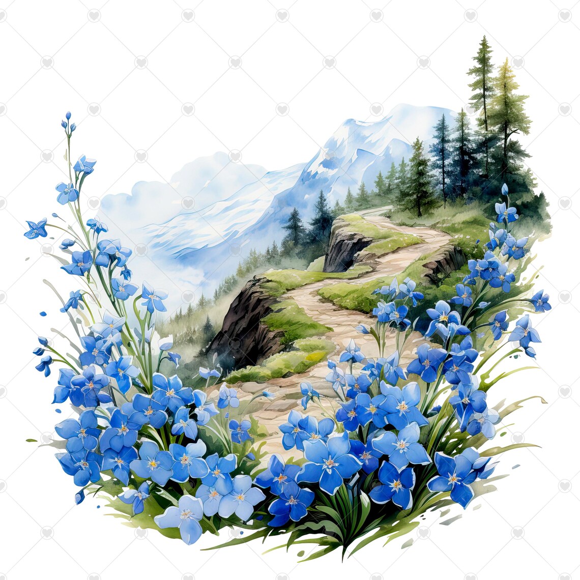 Mountain Hills With Forget Me Not Flowers PNG Clipart Bundle- Digital ...